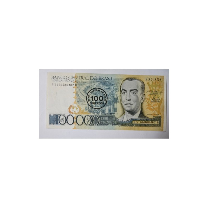 Cédula Brasil 100 Mil Cruzeiros Carimbo 100 Cruzados (C179) FE - JK